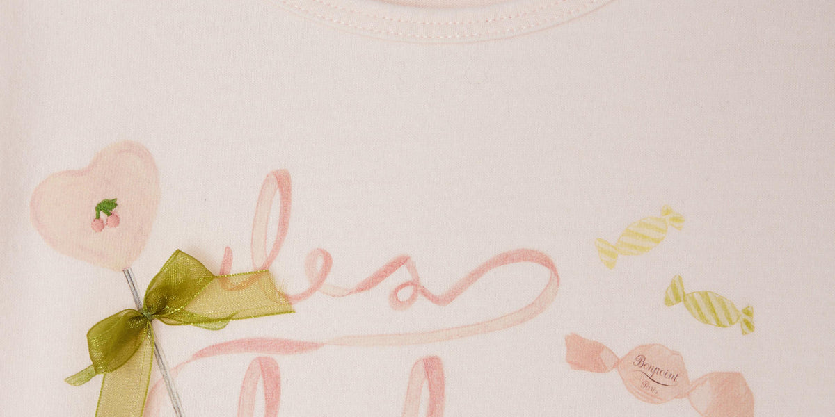 Tidjiane pink Bonbon print t-shirt with ribbon and embroidered cherry ...